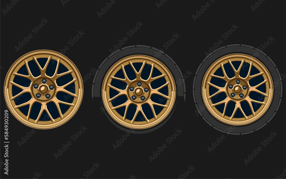 Car wheel and rims. Vector illustration, wheels gold silver black, Car ...