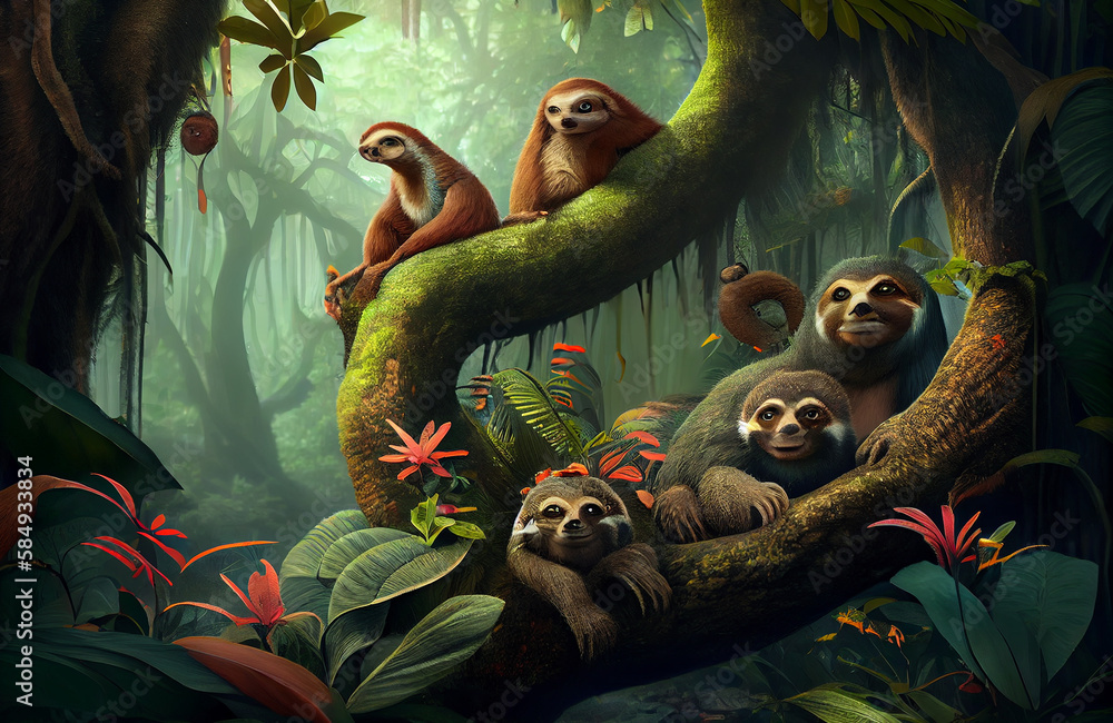 Colorful Jungle with a family of slow loris monkeys, forest natural ...