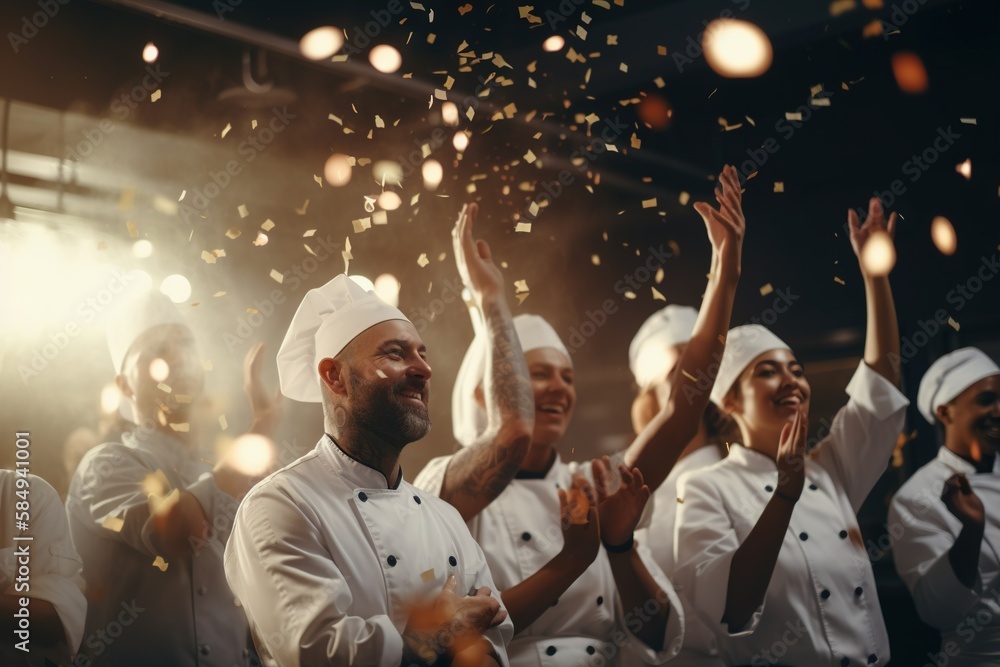 A Group Of Chefs Standing In A Kitchen With Their Hands In The Air ...