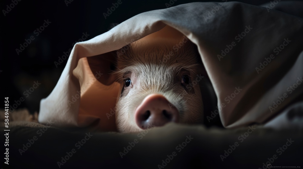 pig peeking out from a duvet, baby piglet sleeping on a bed, generative ...