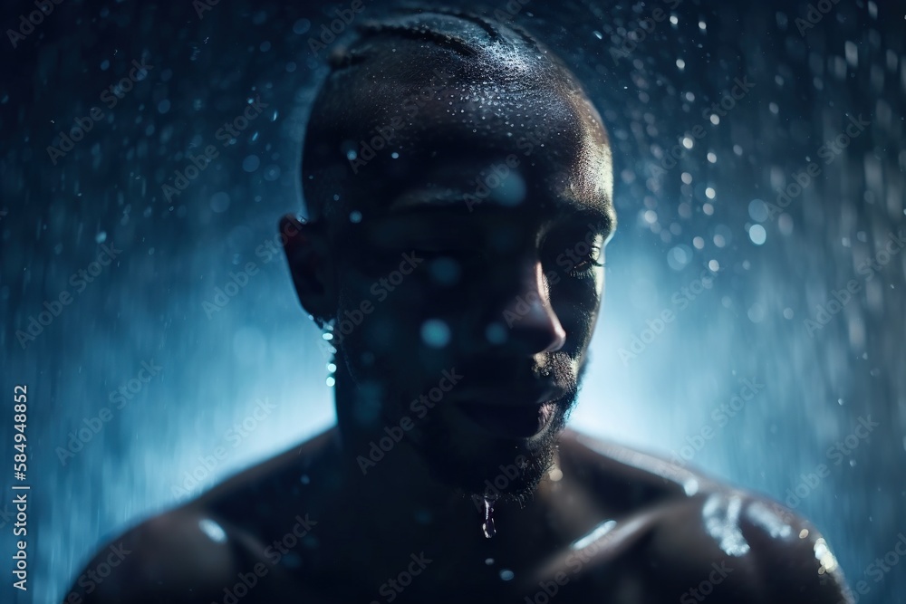 A Man Standing In The Rain With His Eyes Closed And His Head Covered By ...
