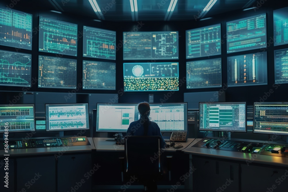 A Man Sitting At A Desk In Front Of Multiple Monitors With Multiple ...
