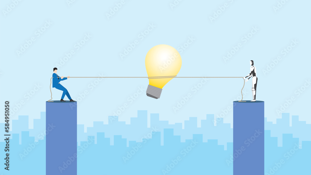 Human vs AI technology concept. People and cyborg pull a rope for a big ...