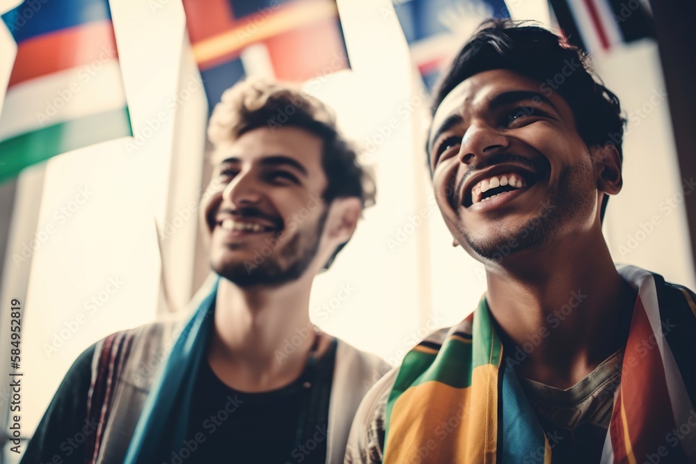 Two Men Standing Next To Each Other In Front Of Flags Of Different ...