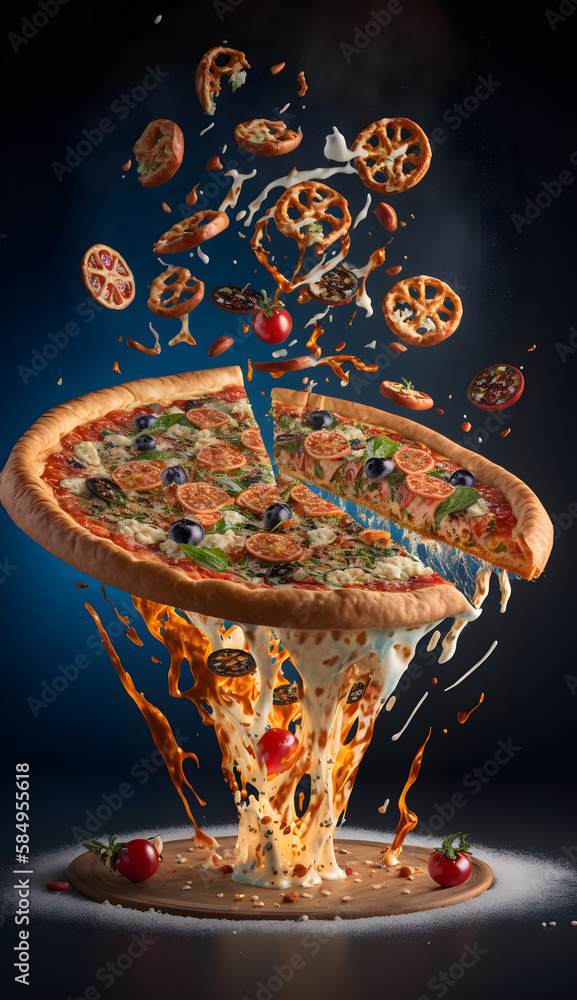 Sliced pizza with its ingredients floats in the air. Under the pizza is ...