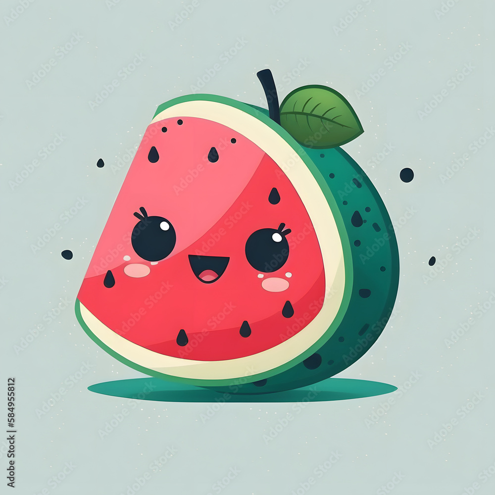 Cute half sliced watermelon berry with kawaii face and leaf. Funny ...