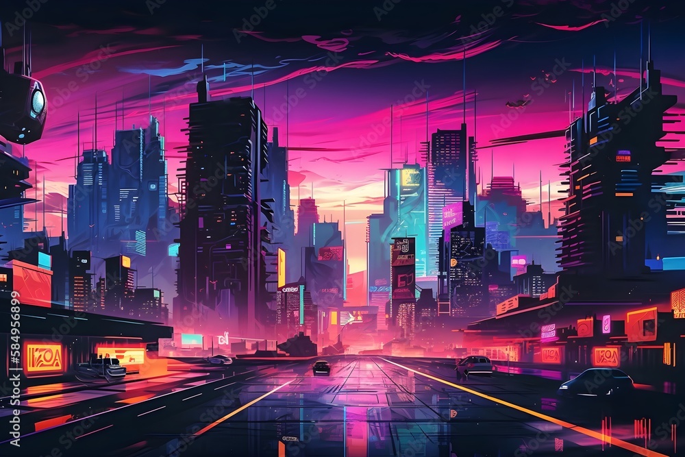 Beautiful Cyberpunk Cityscape, Glitchy Animation style | Cyberpunk ...