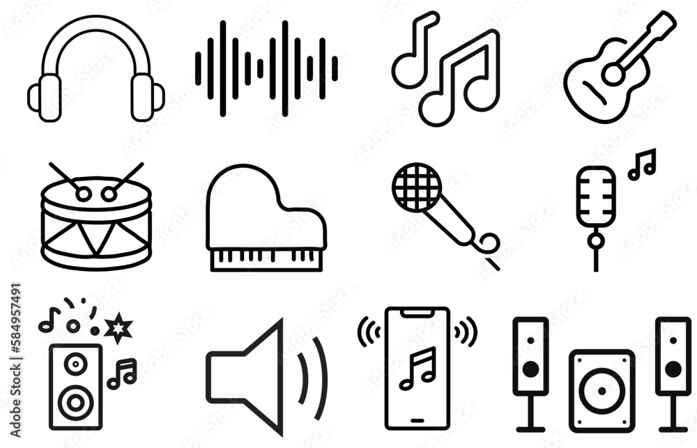 Simple set of music related vector line icons. Contains Icons like ...