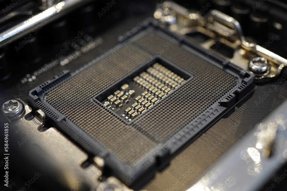 Closeup of an Intel LGA1700 CPU socket on an Asus TUF Gaming Z790-Plus ...