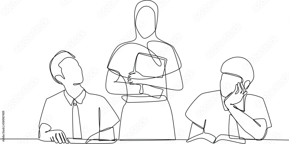 Single one-line drawing of three students presenting in class. Class in ...