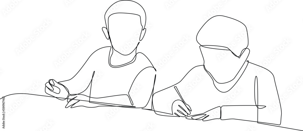 Single one-line drawing a student cheated on his friend. Class in ...