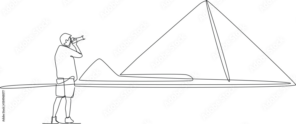Continuous one-line drawing men capture the scenery with the camera ...