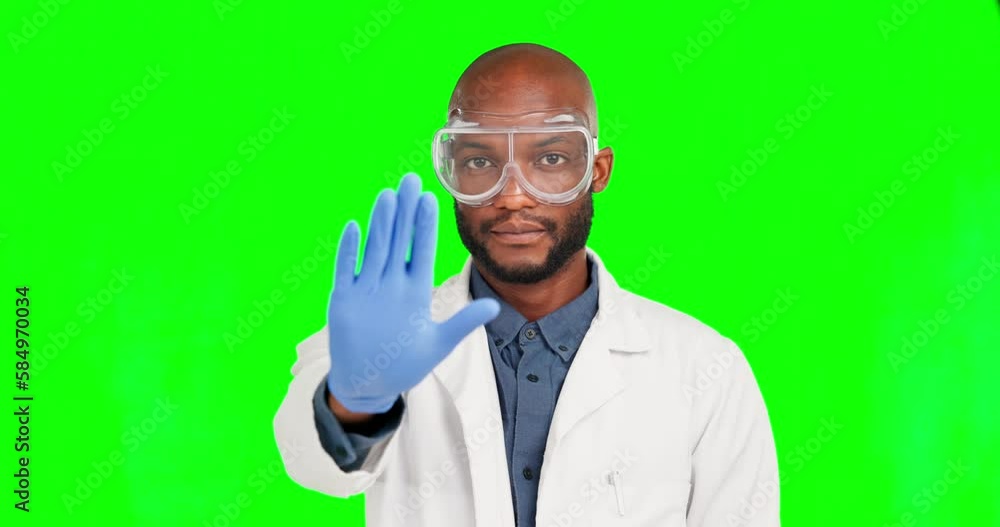 Stop, serious and hand with scientist in green screen studio for ...