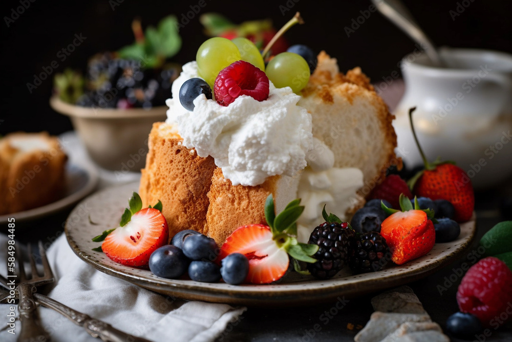 Angel food cake with fresh fruit, berries and whipped cream. AI ...
