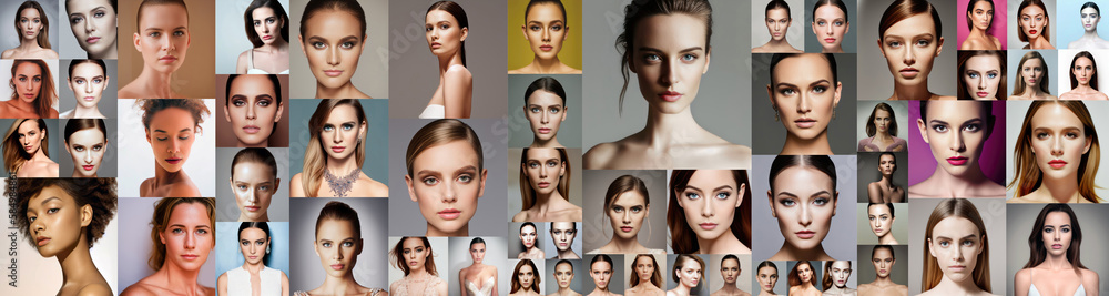 Collage of young beautiful women portraits. Collection of fashion ...