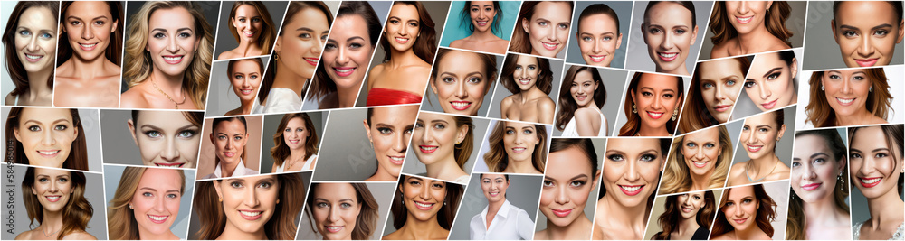 Collage of young beautiful women portraits. Collection of fashion ...
