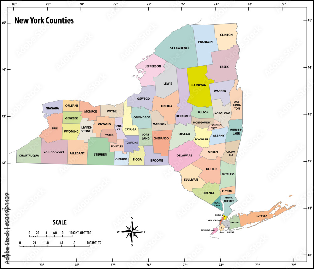 new york state outline administrative and political vector map in color ...