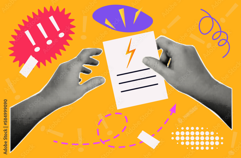 Urgent document, halftone collage. Deadline, fast execution of an ...