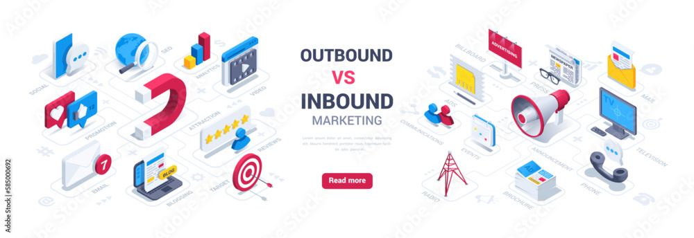 isometric vector illustration isolated on white background, outbound vs ...