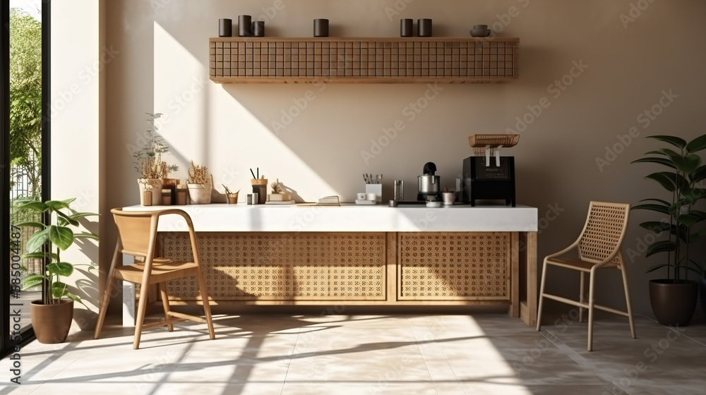 Modern design cafe, white square tile counter with espresso machine ...