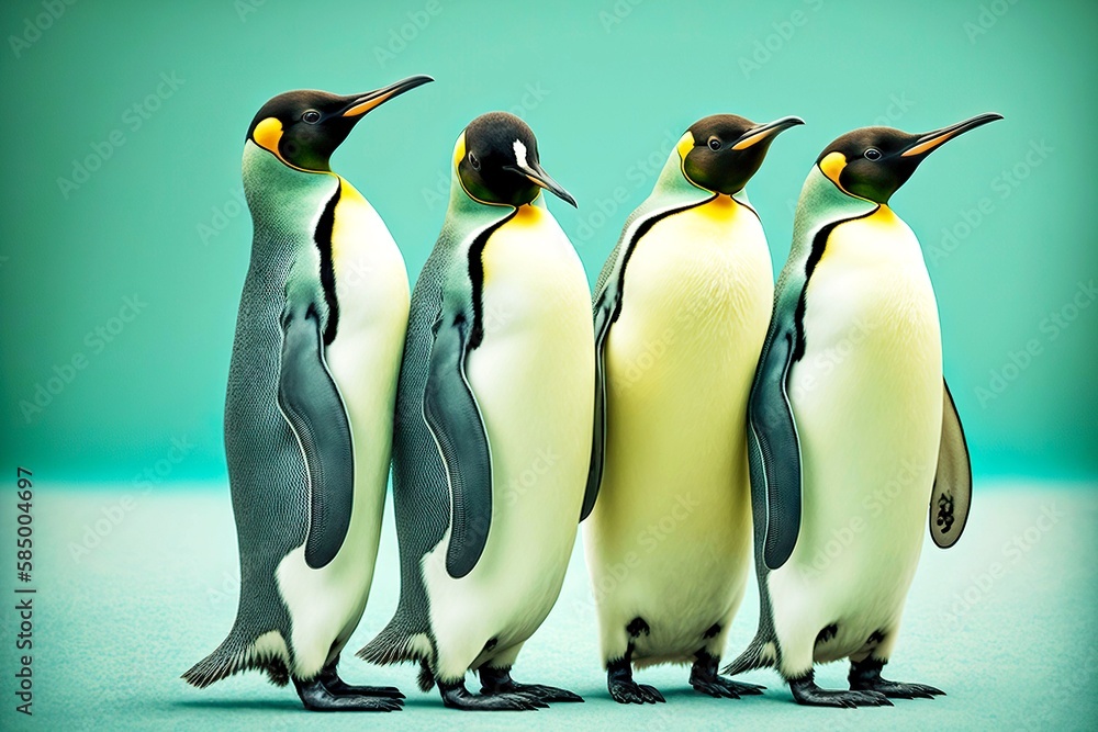 Emperor penguin stand and looks in different directions on greenish ...