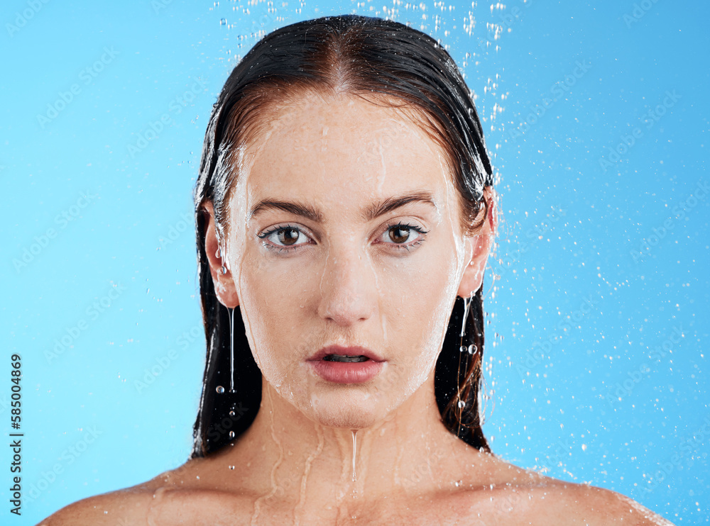 Shower, water and woman portrait in a studio with calm from cleaning ...