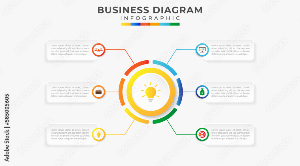 6 Steps Modern Mind Map diagram with several topics and icon symbol ...