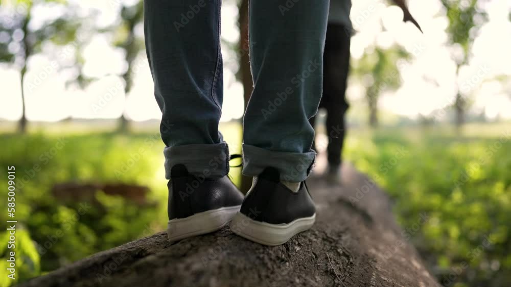 Group of children walks on a log in the park. People on the log ...