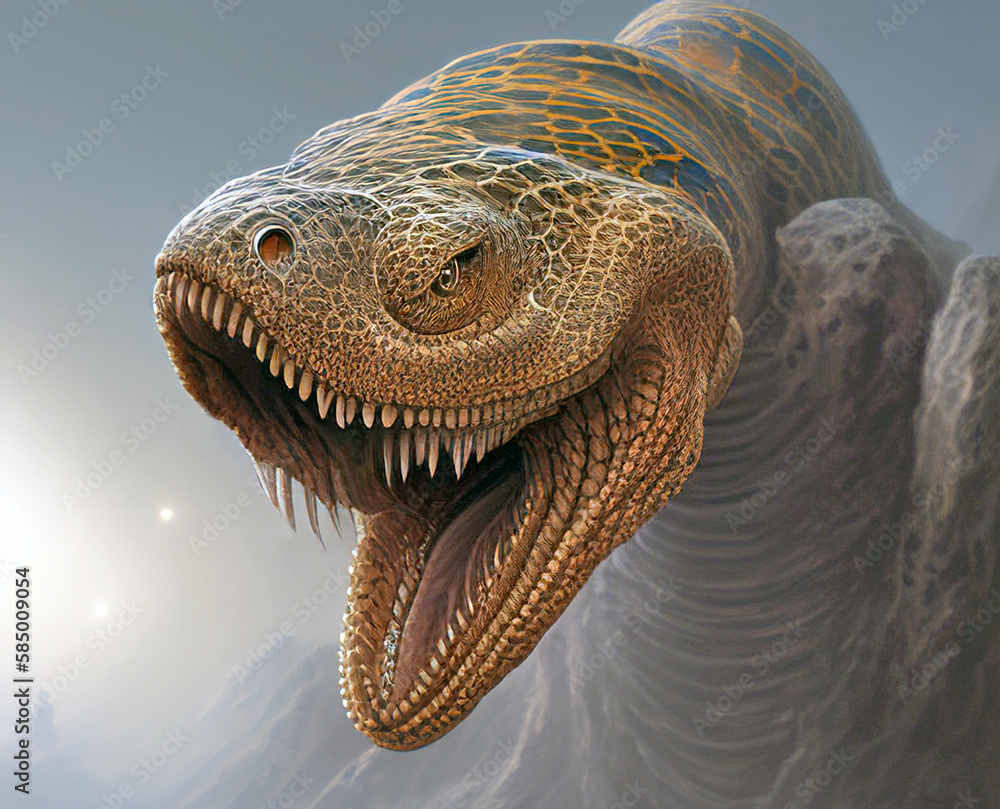 The head of a reptilian snake-like monster, mouth open with sharp teeth ... The head of a reptilian snake-like monster, mouth open with sharp teeth ...