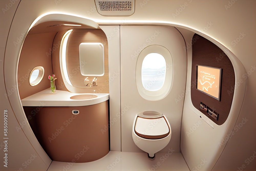 first-class airplane restroom, with sleek design and luxury amenities ...