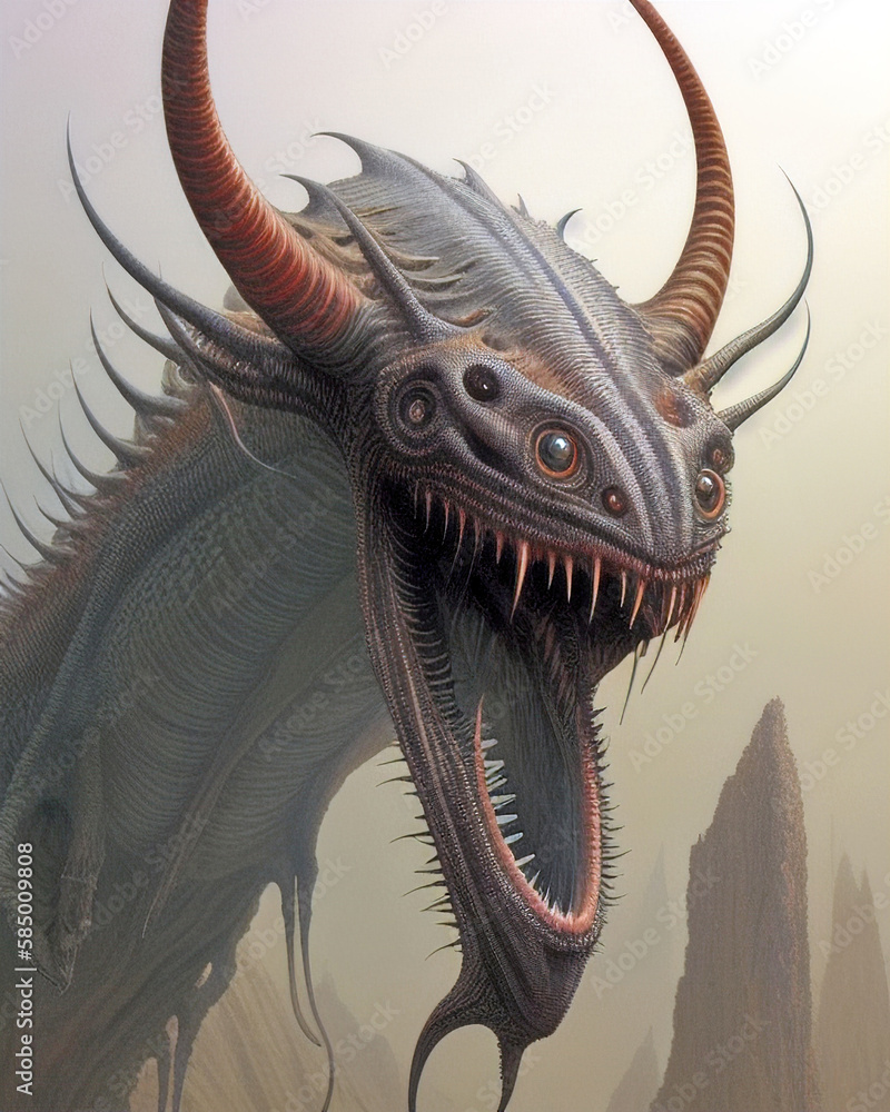 The head of a reptilian snake-like monster, mouth open with sharp teeth ...