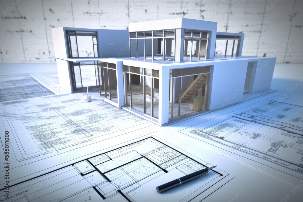 Plan et rendu d'ensemble 3D d'un bâtiment moderne et design, projet d ...