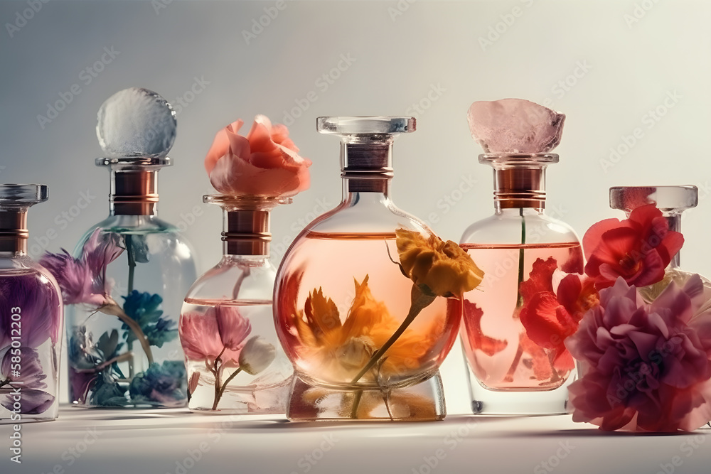 Set of transparent multi color glass floral perfume bottles on a light ...