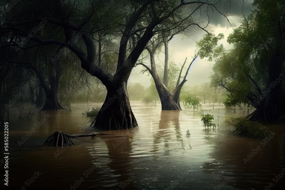 forest trees covered with water from heavy floods flood consequences ...