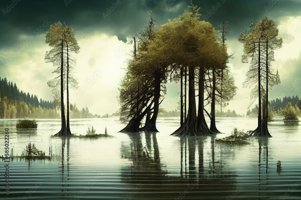 forest trees covered with water from heavy floods flood consequences ...