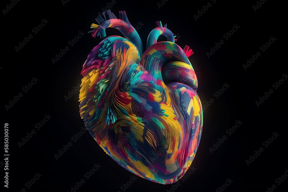 A beautiful photograph of a 3D printed, multi-colored heart sculpture ...