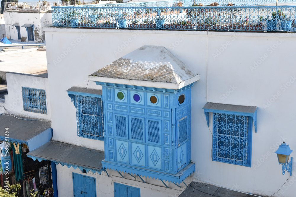 Traditional Blue Box Window and Rooftop Terrace Railing in Sidi Bou ...