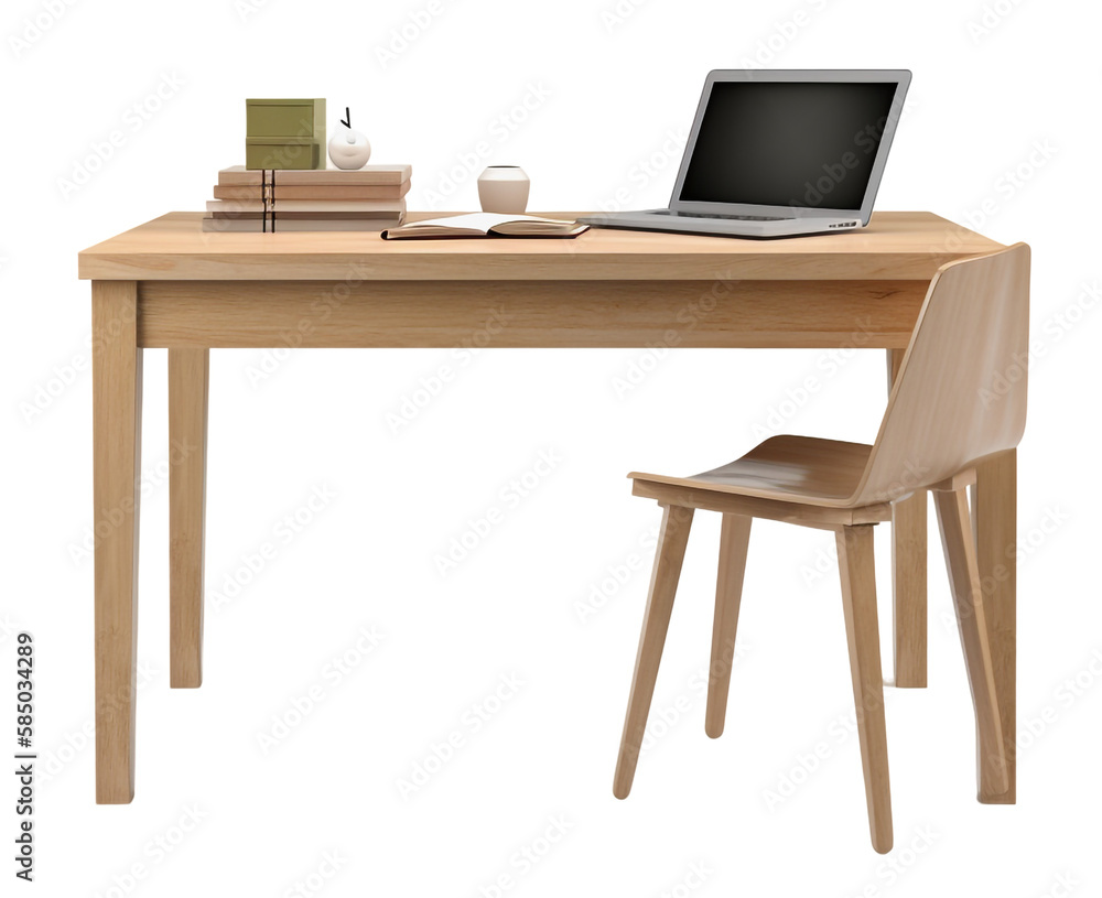 simple wooden desk with a laptop and a classic chair on a transparent ...