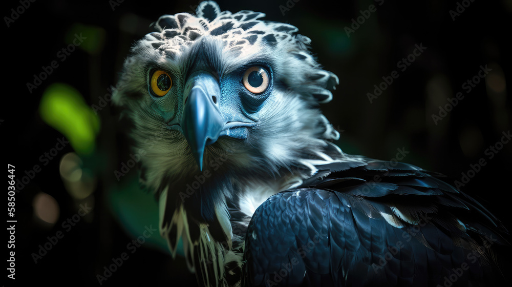 A glowing, ethereal harpy eagle, its eyes focused like black holes ...