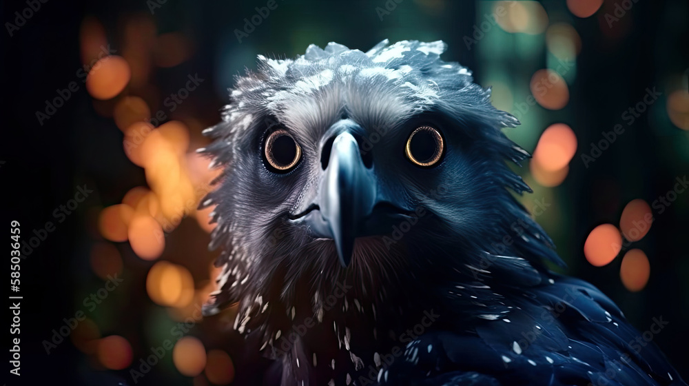 A glowing, ethereal harpy eagle, its eyes focused like black holes ...