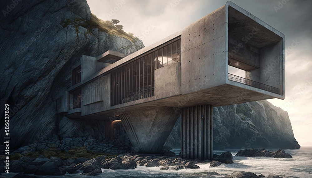 Modern house with long span concrete structure cantilevered over a ...