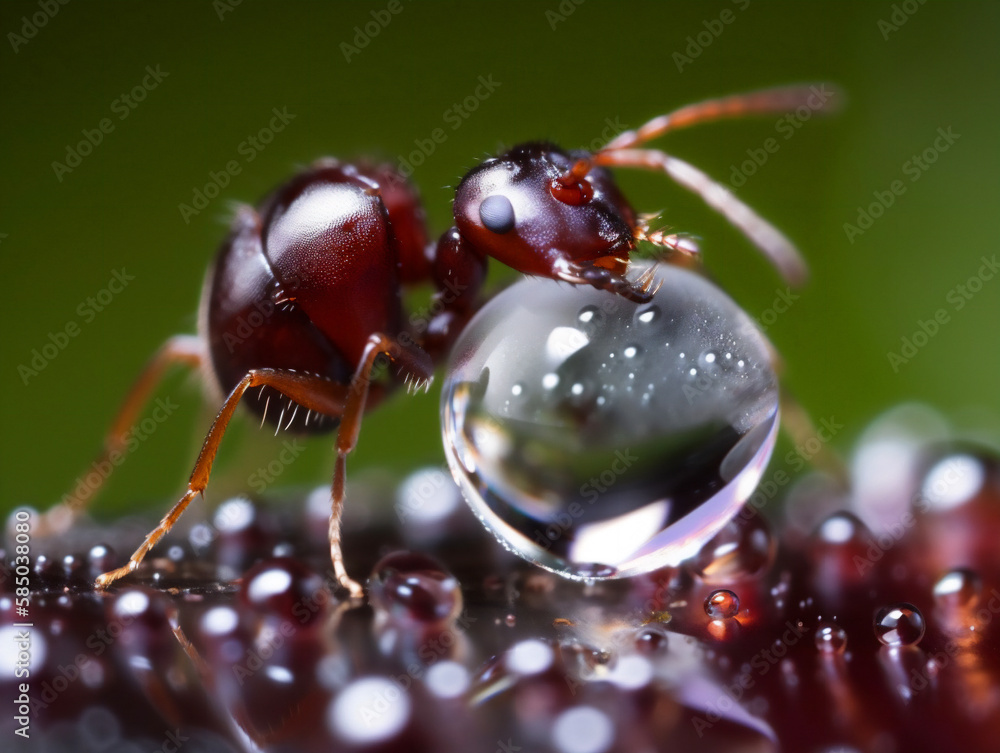 Macro of ant on water drop with reflection. Hyper-realistic image ...