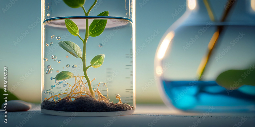 Green sprout growing from soil in test tube. Biotechnology concept ...