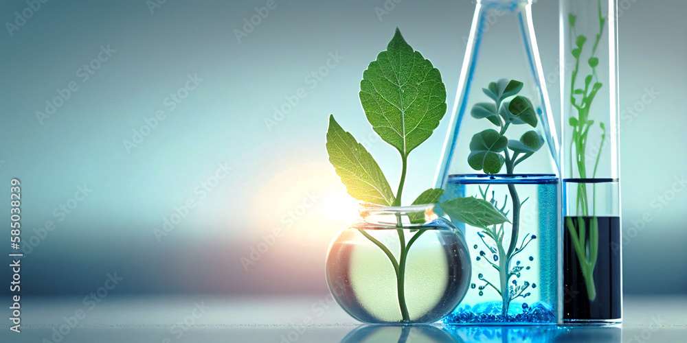 Laboratory glassware with green plant on blue background. Science and ...