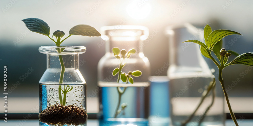 Seedling in a test tube with blue liquid, light background. Scientific ...