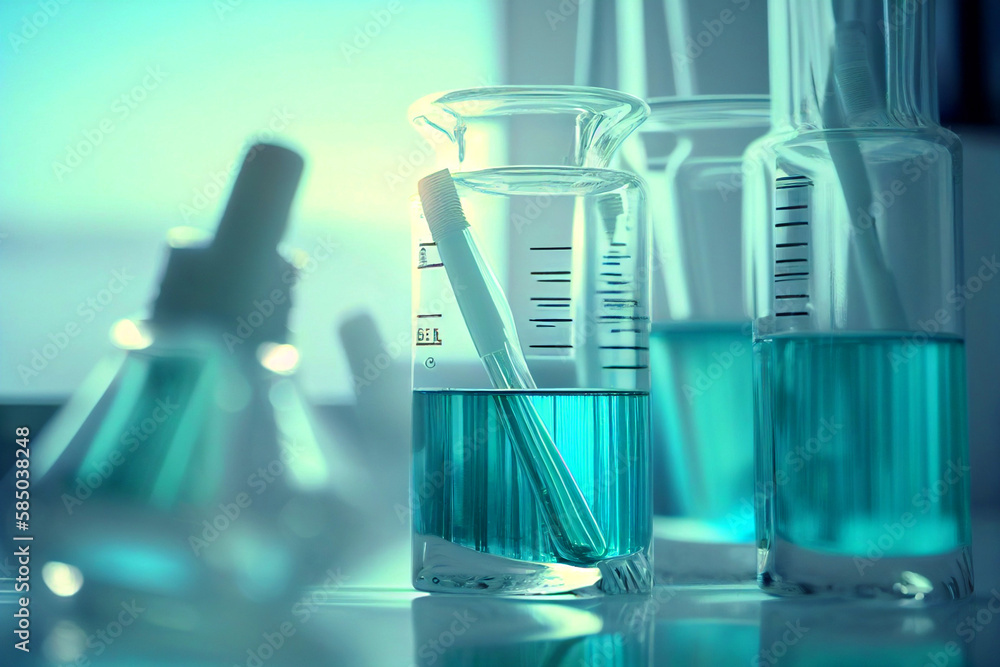 Close up of laboratory glass flasks with blue liquid, scientific ...