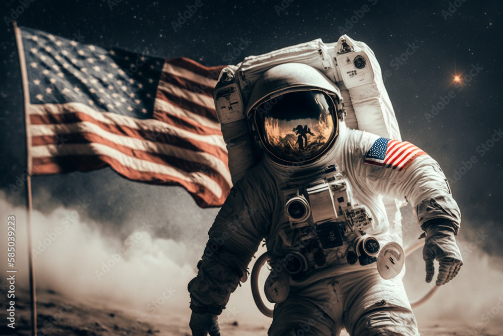 Cosmonaut or astronaut in a spacesuit on the moon surface with the ...