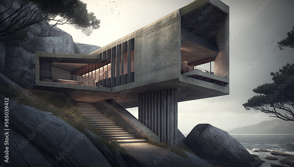Modern house with long span concrete structure cantilevered over a ...