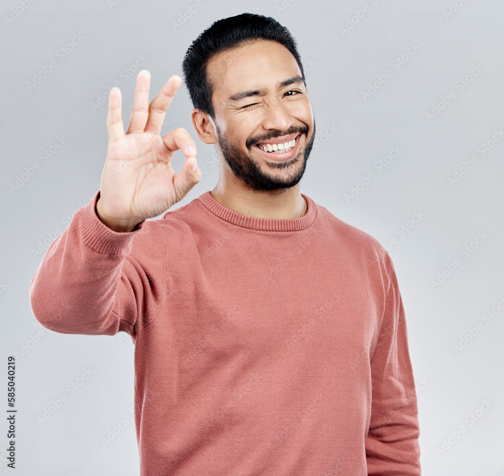 Perfect, winking and portrait of an Asian man with a hand gesture ...