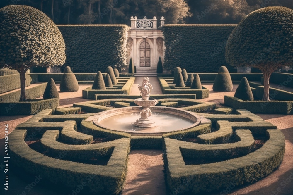 Symmetrical French Garden with Topiary Trees and Bubbling Fountain ...